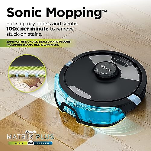 Shark Matrix Plus 2in1 Robot Vacuum & Mop with Sonic Mopping, Matrix Clean, Home Mapping, HEPA Bagless Self Empty Base, CleanEdge, for Pet Hair, Wifi, Black/Silver (RV2610WA)