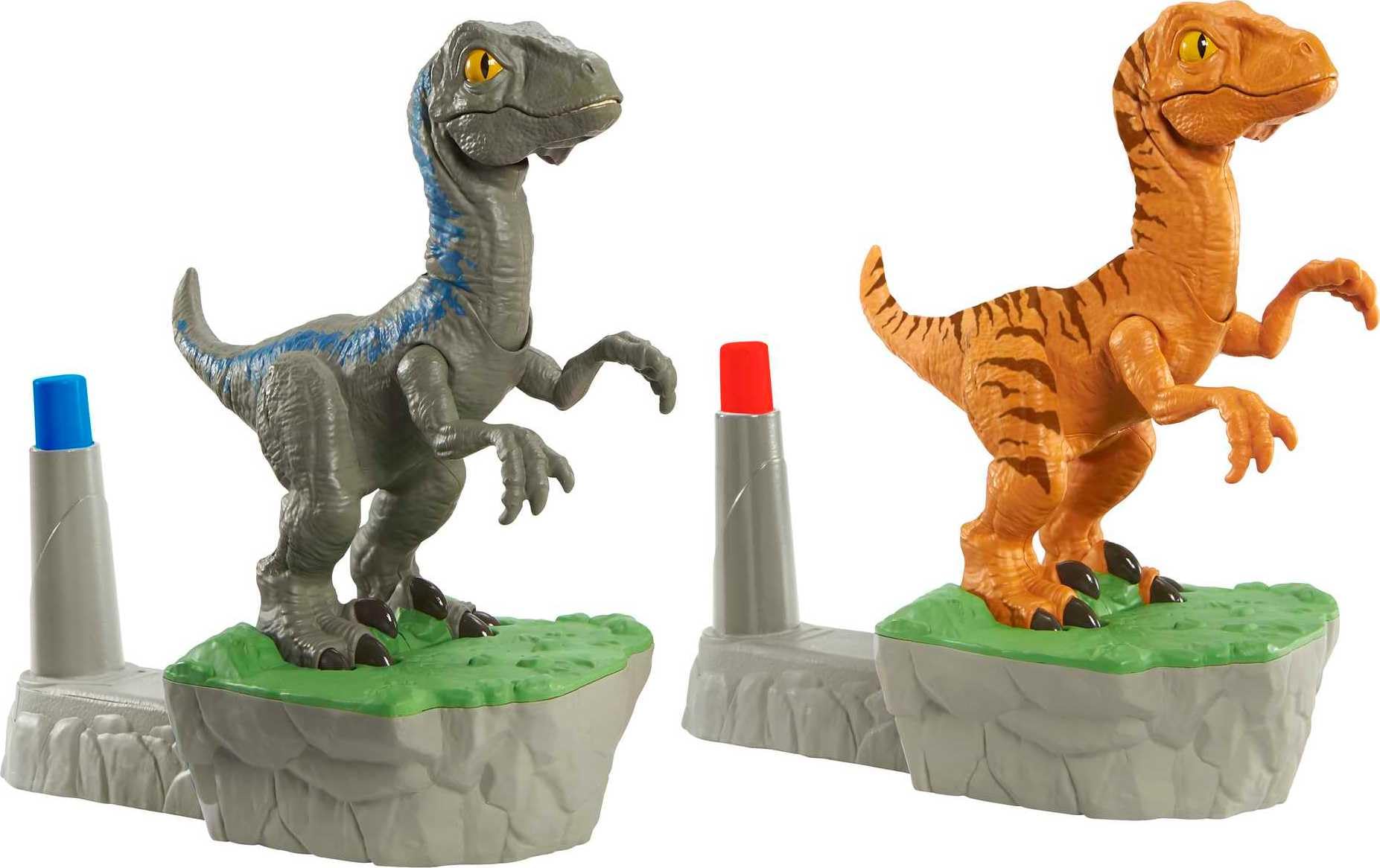 Mattel Games Rock 'Em Sock 'Em Raptors Jurassic World Domination Kids Game Fighting Raptors with Blue vs Atrociraptor