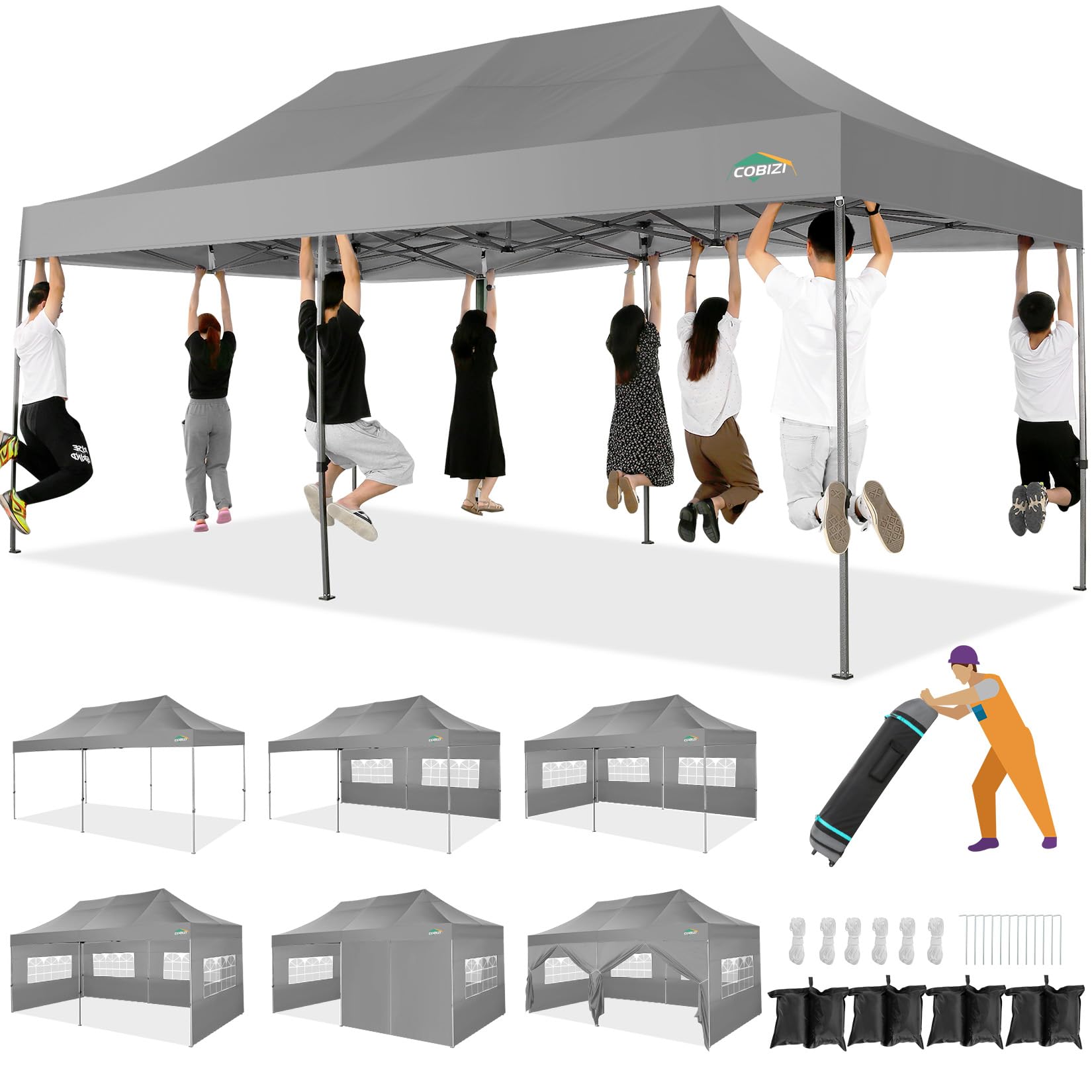 COBIZI 10x20 Heavy Duty Pop up Canopy Tent with 6 sidewalls Easy Up Commercial Outdoor Canopy Wedding Party Tents for Parties All Season Wind & Waterproof Gazebo with Roller Bag,Grey(Frame Thickened)