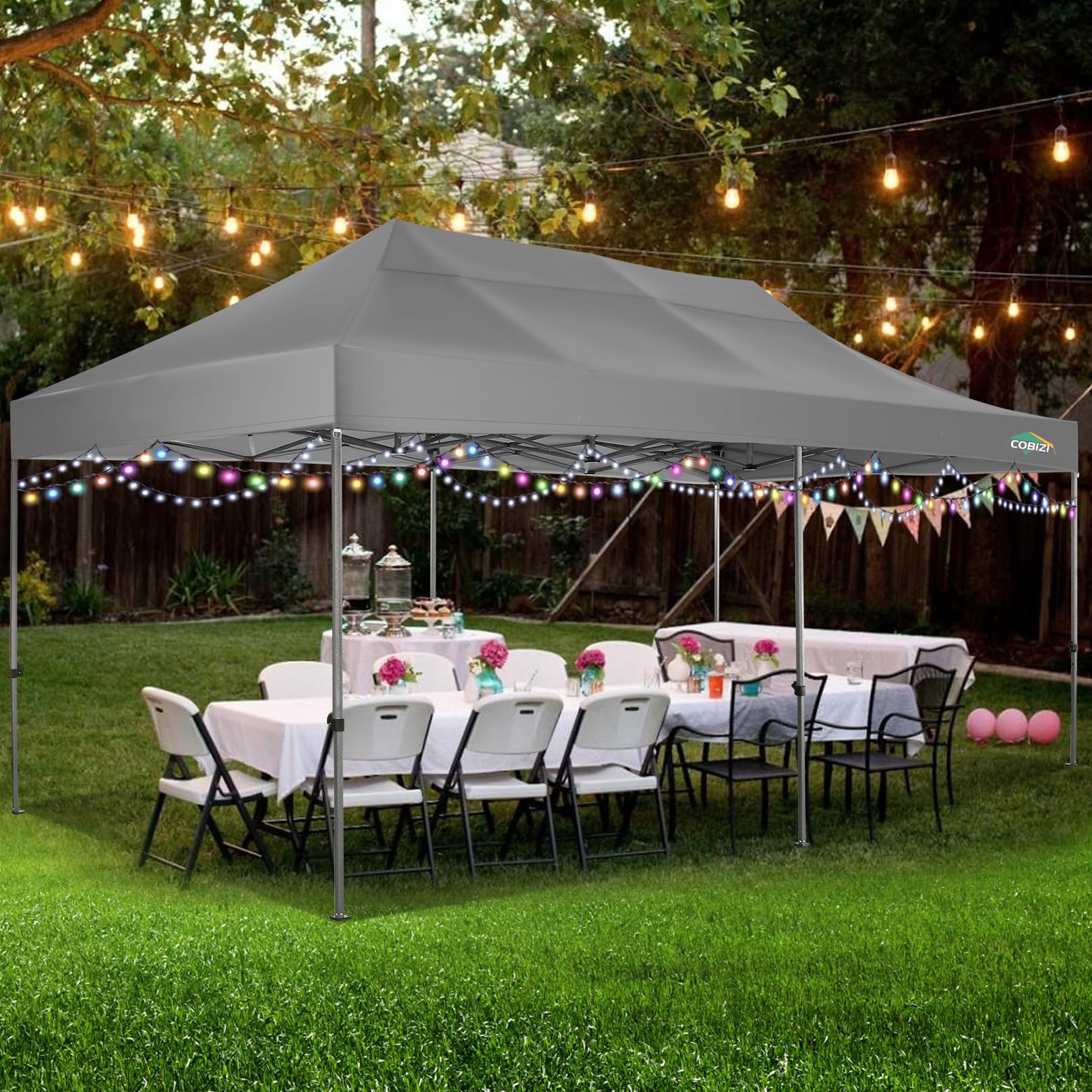 COBIZI 10x20 Heavy Duty Pop up Canopy Tent with 6 sidewalls Easy Up Commercial Outdoor Canopy Wedding Party Tents for Parties All Season Wind & Waterproof Gazebo with Roller Bag,Grey(Frame Thickened)