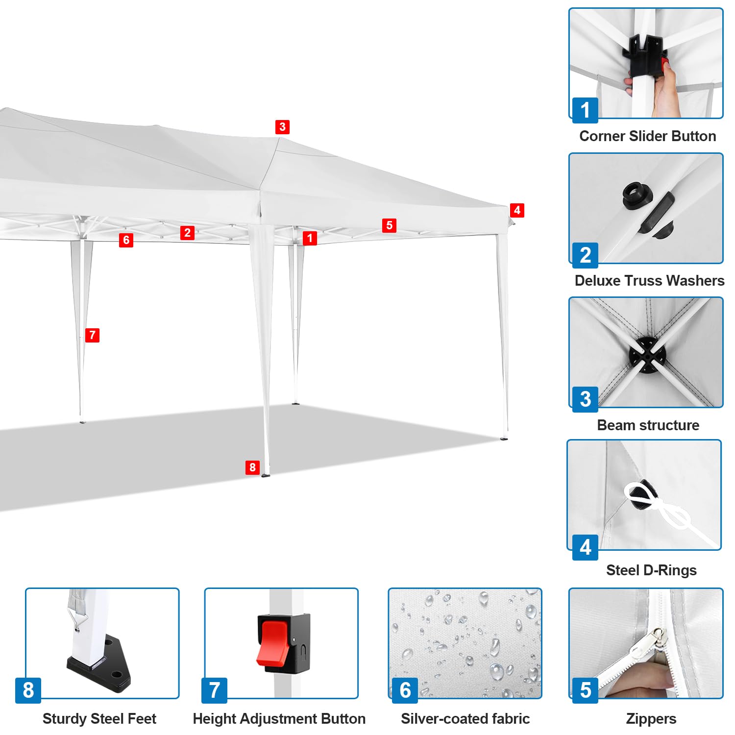 COBIZI Canopy 10x20 Pop Up Canopy Tent with 6 Sidewalls Ez Pop Up Tent 10x20 Waterproof Commercial Instant Shelter Tent UPF 50+ Portable Gazebo Wedding Tents for Parties Carport Vender Events, White