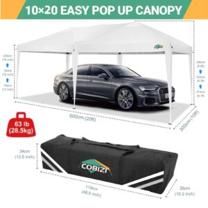 COBIZI Canopy 10x20 Pop Up Canopy Tent with 6 Sidewalls Ez Pop Up Tent 10x20 Waterproof Commercial Instant Shelter Tent UPF 50+ Portable Gazebo Wedding Tents for Parties Carport Vender Events, White