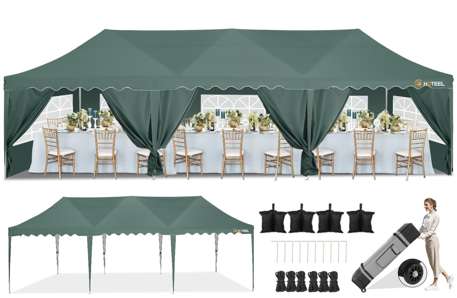 HOTEEL Tents For Parties,10x30 Canopy Outdoor Canopies with 8 Sidewalls, Waterproof Sun Resistant Pop Up Canopy Portable Wedding Tent with Rolling Bag & Sandbags for Large Event,Backyard,Birthday,Gray