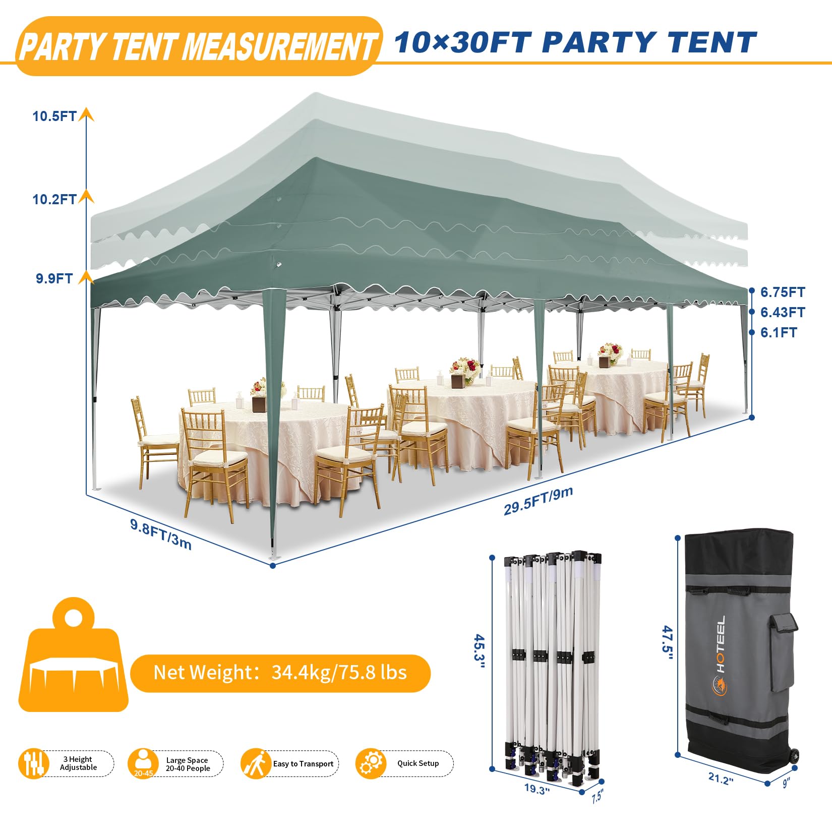 HOTEEL Tents For Parties,10x30 Canopy Outdoor Canopies with 8 Sidewalls, Waterproof Sun Resistant Pop Up Canopy Portable Wedding Tent with Rolling Bag & Sandbags for Large Event,Backyard,Birthday,Gray