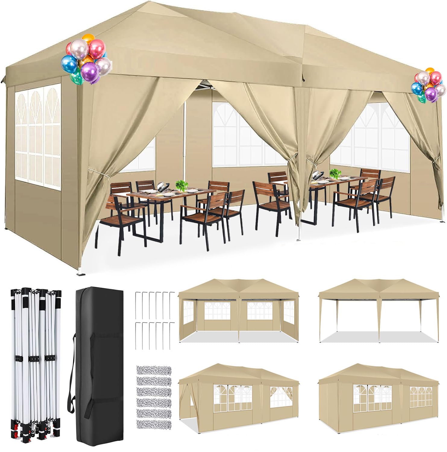 TOOLUCK 10x20 Pop Up Canopy Tent with 6 Sidewalls Tents for Parties Waterproof Camping Canopy Ez Up Party Tent Outdoor Portable Gazebo for Backyard Commercial Event Tent, Khaki