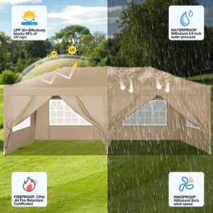 TOOLUCK 10x20 Pop Up Canopy Tent with 6 Sidewalls Tents for Parties Waterproof Camping Canopy Ez Up Party Tent Outdoor Portable Gazebo for Backyard Commercial Event Tent, Khaki