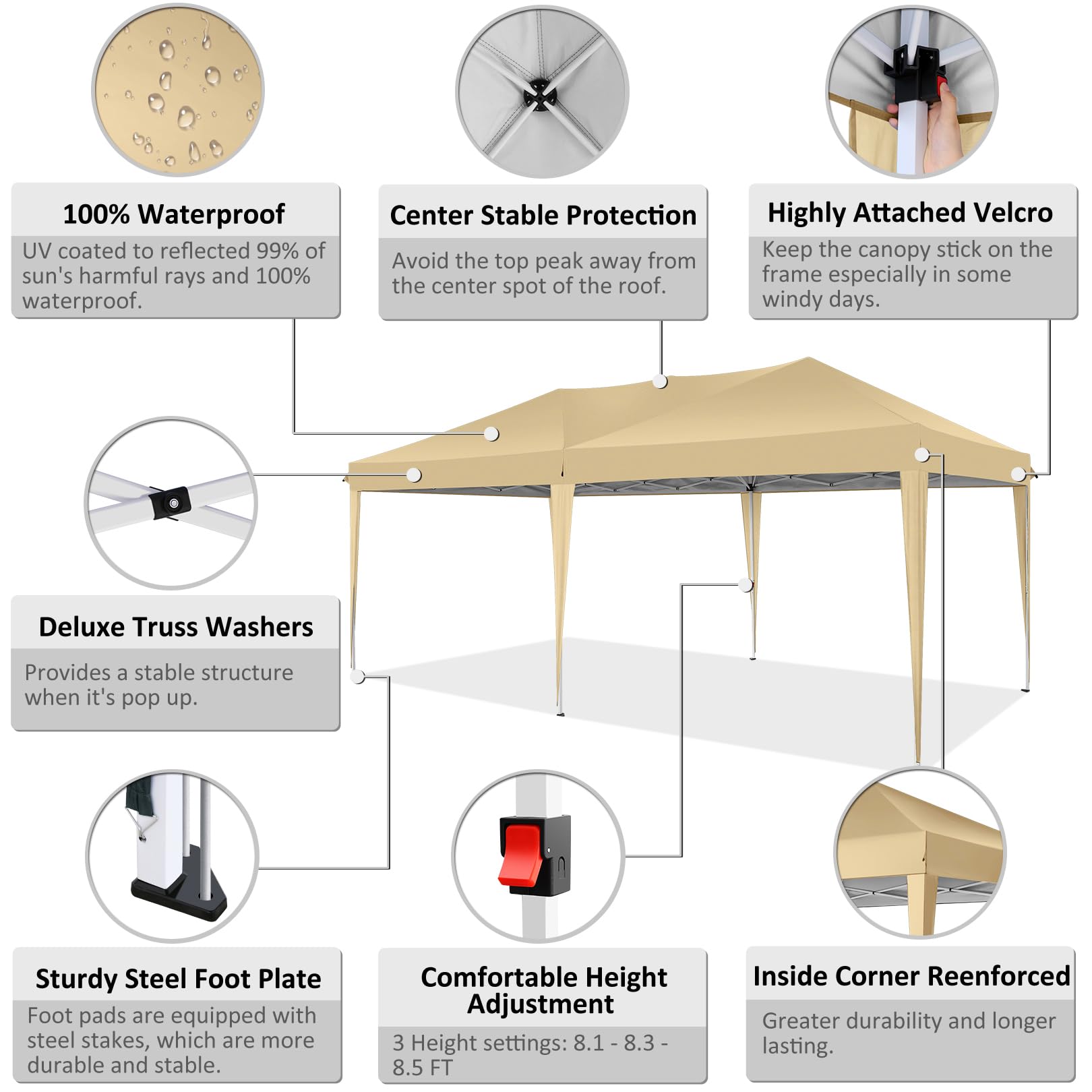 TOOLUCK 10x20 Pop Up Canopy Tent with 6 Sidewalls Tents for Parties Waterproof Camping Canopy Ez Up Party Tent Outdoor Portable Gazebo for Backyard Commercial Event Tent, Khaki