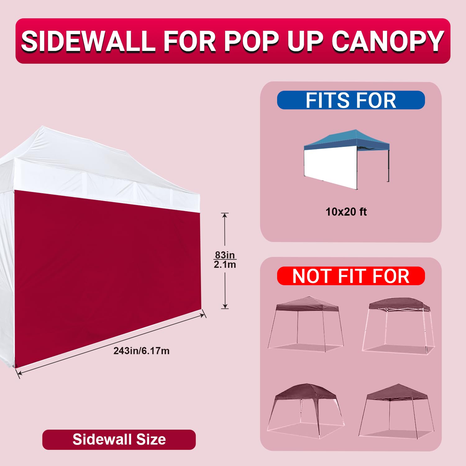 ShiningShow 10x20 Instant Sidewall, Canopy Sidewalls for 10x20 Pop Up Tent, Heavy Duty Fabric Sunwall with Zipper and Velcro, 100% Waterproof and 99% UV Protection, 1 Pack Sidewall Only (Red)