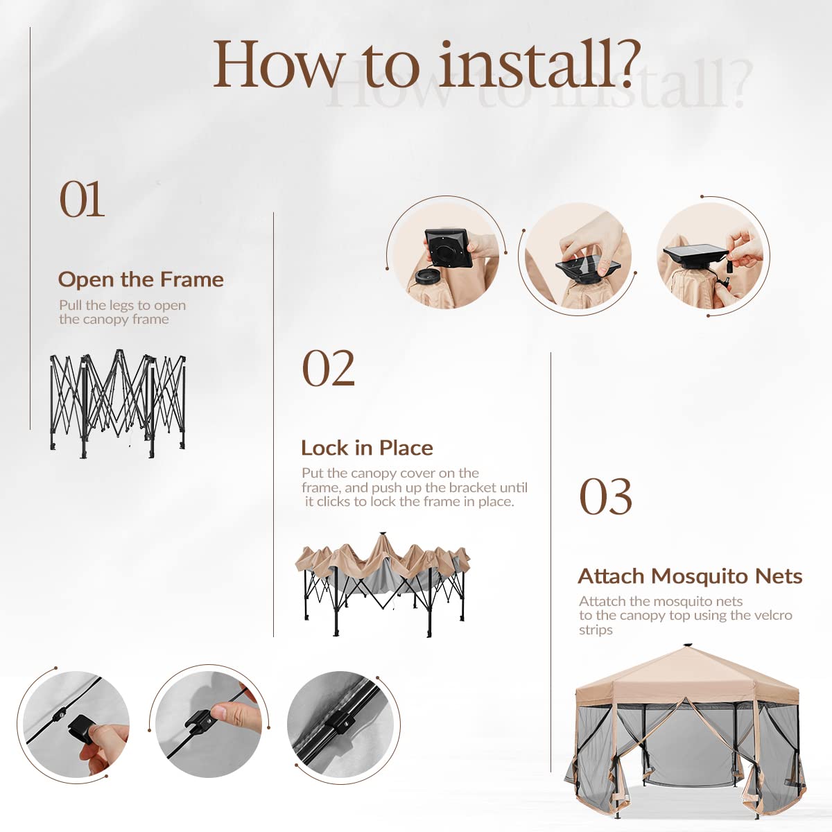 Quictent 13'x13’ Hexagonal Pop up Canopy Tent with Mosquito Netting, Instant Screened in Canopy Screen House Room Tent Easy Set up with LED Lights (Beige)