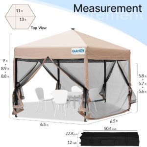 Quictent 13'x13’ Hexagonal Pop up Canopy Tent with Mosquito Netting, Instant Screened in Canopy Screen House Room Tent Easy Set up with LED Lights (Beige)