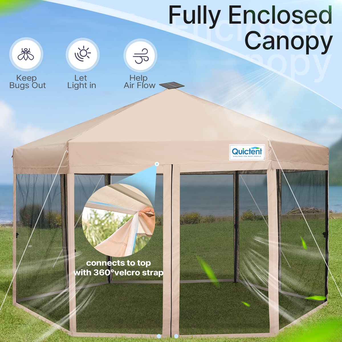 Quictent 13'x13’ Hexagonal Pop up Canopy Tent with Mosquito Netting, Instant Screened in Canopy Screen House Room Tent Easy Set up with LED Lights (Beige)