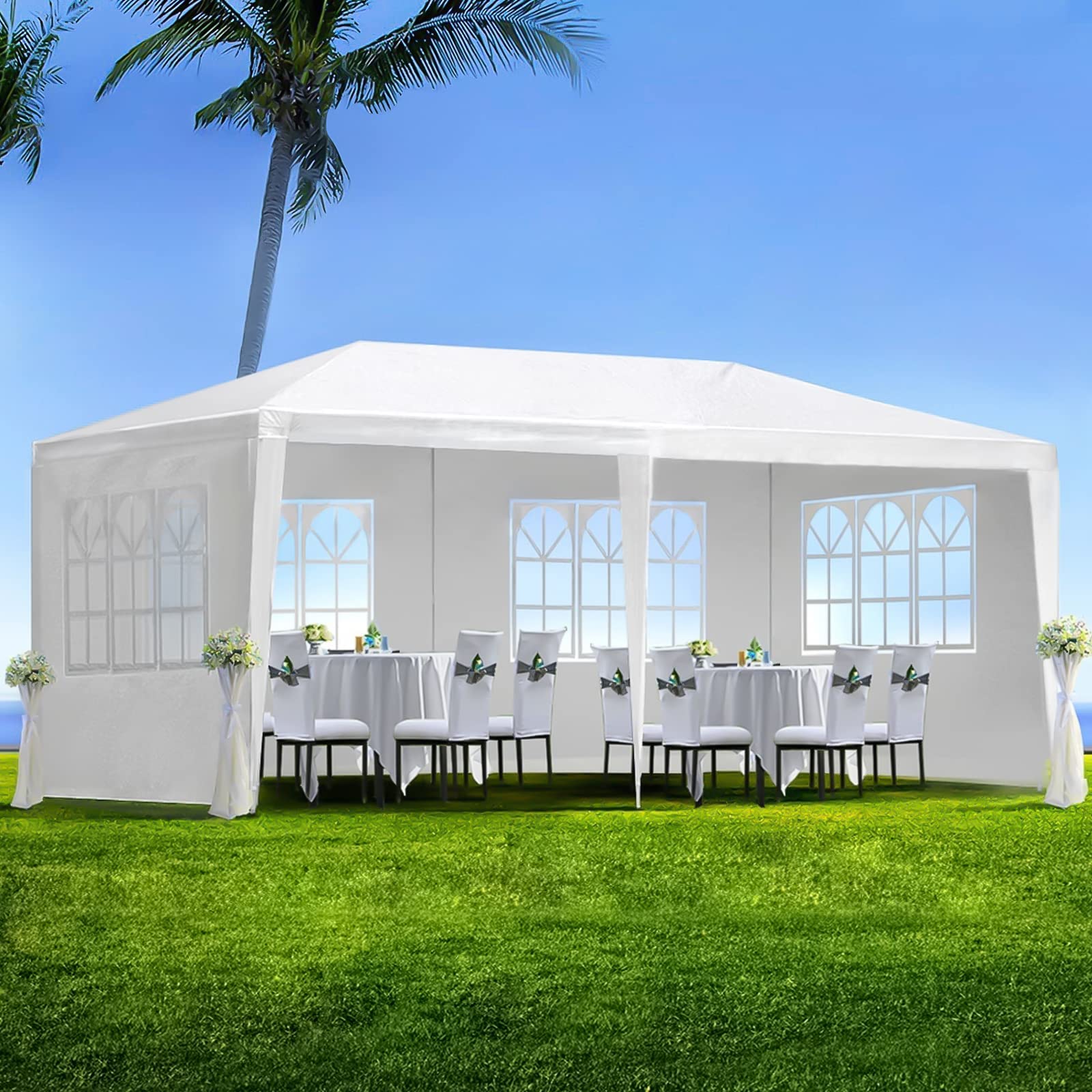 10'x20' Outdoor Party Tent, Large Wedding Birthday Tents for Parties, White Canopy Tent with 4 Removable Sidewalls & Transparent Windows, Outside Gazebo Event Tent for Garden, Patio and Backyard