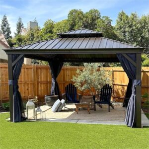 purple leaf 12' x 12' hardtop gazebo canopy with netting and curtains for outdoor hot tub heavy duty backyard sunshade deck metal roof patio permanent pavilion