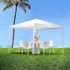 10'x10' party tent, outdoor tents for parties, wedding, birthday and flea market, white canopy tent with ground nails and ropes, small event tent for backyard, patio