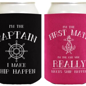 Sailing Gifts Captain First Mate Ship Happen Bundle Nautical Gifts 2 Pack Can Coolie Drink Coolers Coolies Black Magenta