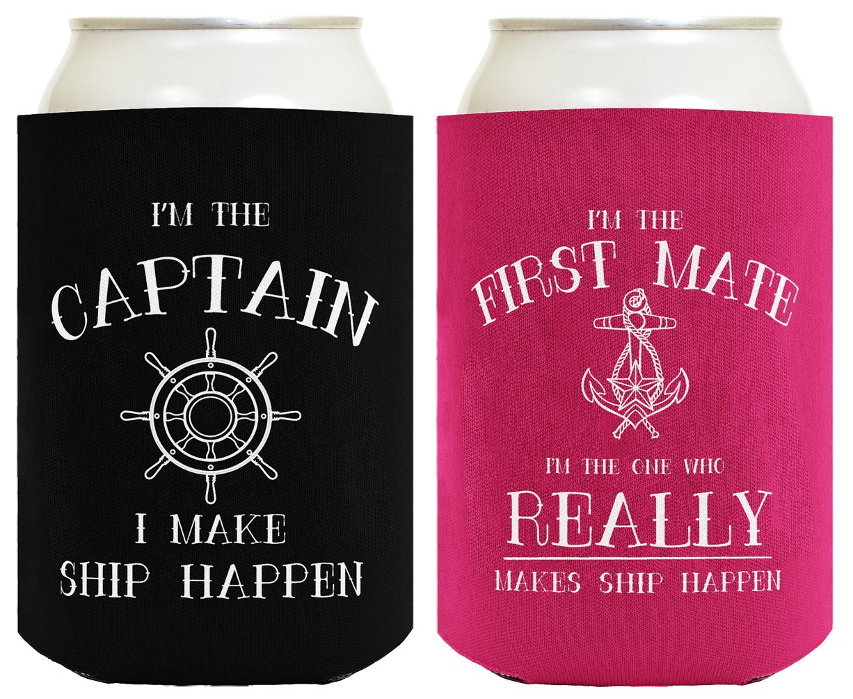 Sailing Gifts Captain First Mate Ship Happen Bundle Nautical Gifts 2 Pack Can Coolie Drink Coolers Coolies Black Magenta