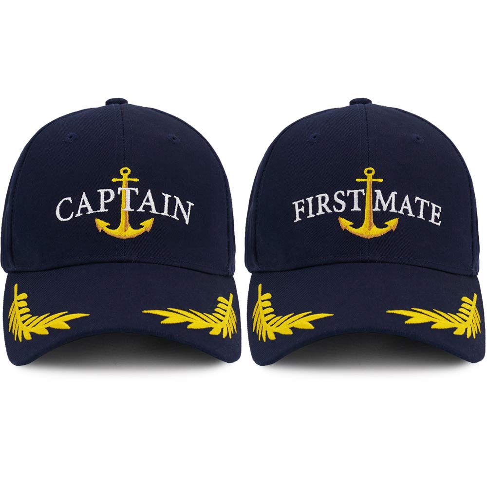 Captain Hat & First Mate | Matching Skipper Boating Baseball Caps | Nautical Navy Marine Sailor Hats (Navy Gold)