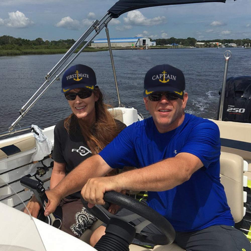 Captain Hat & First Mate | Matching Skipper Boating Baseball Caps | Nautical Navy Marine Sailor Hats (Navy Gold)