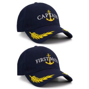 Captain Hat & First Mate | Matching Skipper Boating Baseball Caps | Nautical Navy Marine Sailor Hats (Navy Gold)