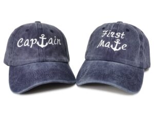 captain & first mate anchor hats for couples, navy blue embroidered matching boating baseball caps, sailing gift