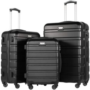 coolife luggage 3 piece set suitcase spinner hardshell lightweight tsa lock (black, 3 piece set(20in24in28in))