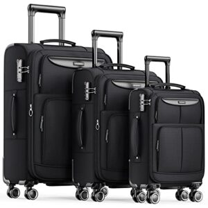 showkoo luggage sets 3 piece softside expandable lightweight durable suitcase sets double spinner wheels tsa lock black (20in/24in/28in)