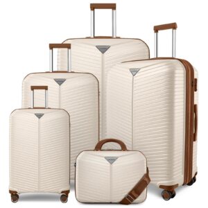 leaves king luggage sets 5 piece, expandable(only 24"&28") pp suitcase with spinner wheels, durable luggage sets clearance carry on luggage suitcase set for women men, cream