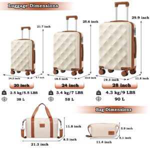 Somago- Hardshell Lightweight ABS Travel Luggage 20’’+24’’+28’’ Sets Suitcase with TSA Lock& 8 silent Swivel Wheels, Diamond Pattern Surface and YKK Zipper With 2 pcs Bags (Beige)