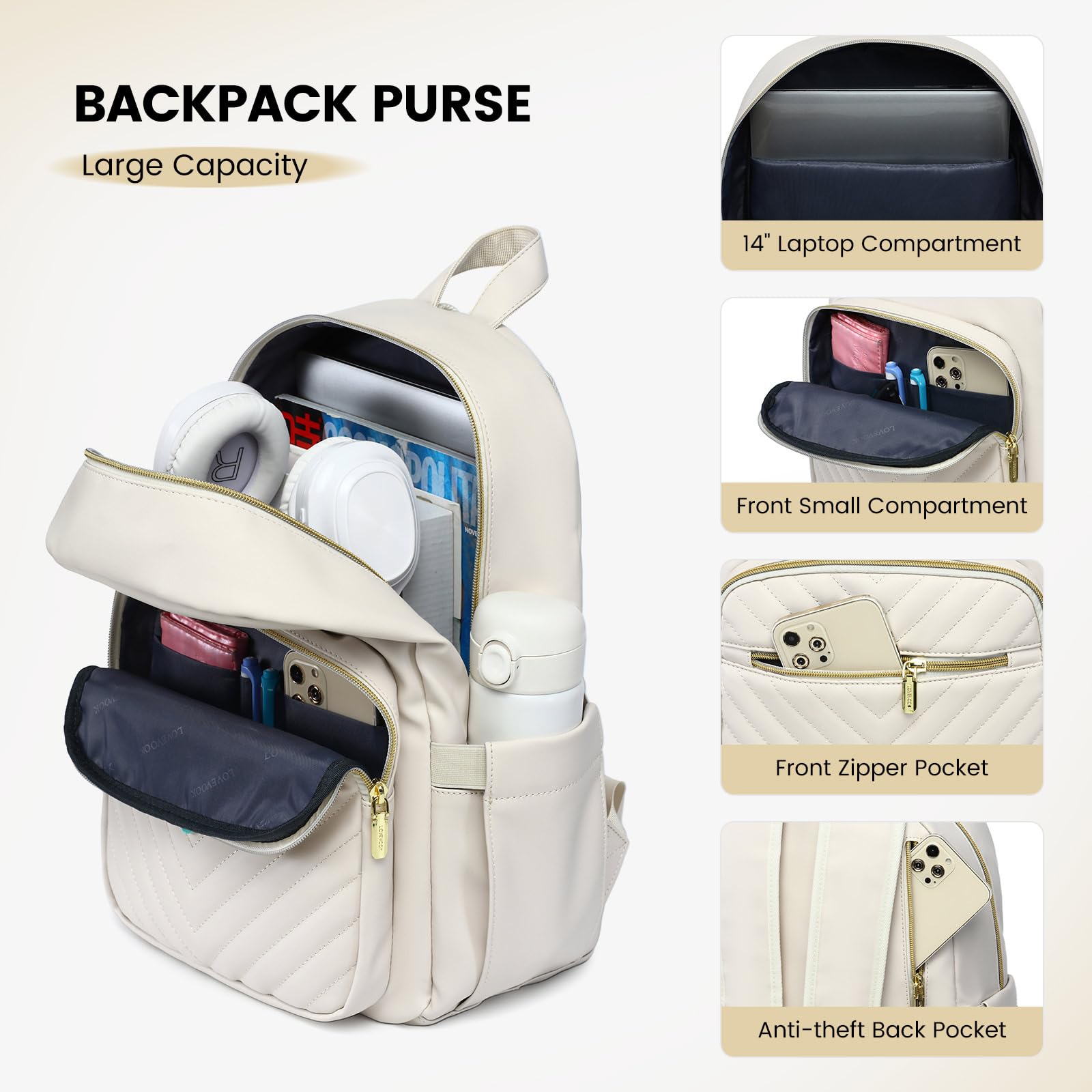 LOVEVOOK Backpack Purse for Women, Waterproof Mini Backpack, Lightweight Small Backpack for Women, 2pcs Sets, Beige