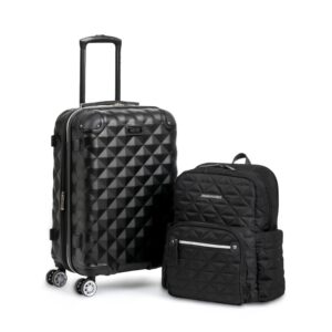 kenneth cole reaction diamond tower collection lightweight hardside expandable 8-wheel spinner travel luggage, black, 2-piece bundle (carry on + backpack)