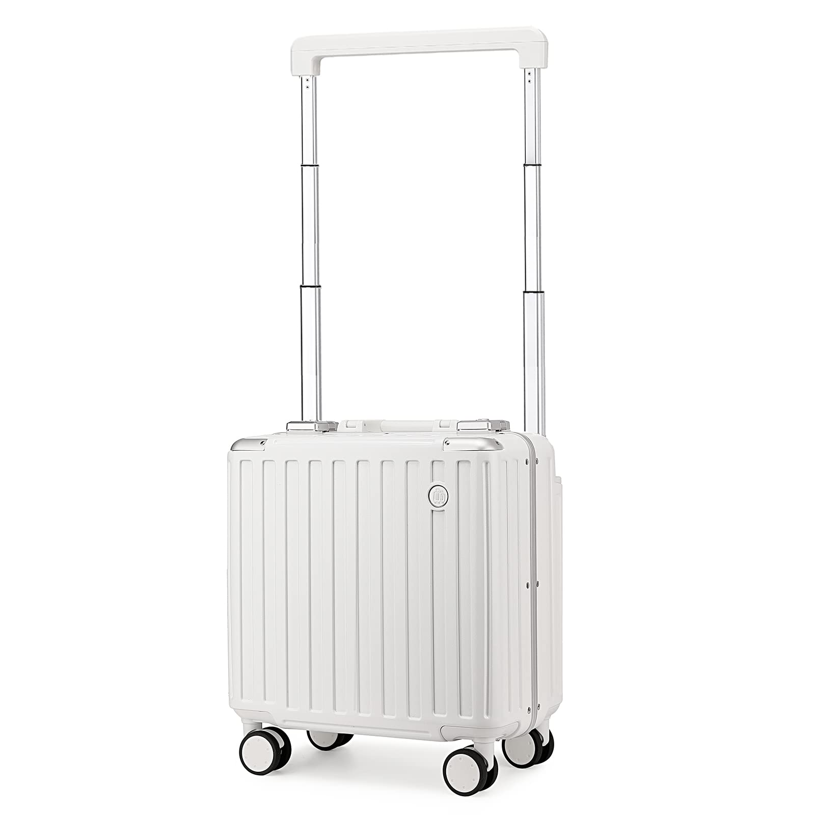 Somago Aluminum Frame 18" Carry On Luggage Wide Handle Suitcase Built-In Double TSA Lock Hardside Lightweight PC Travel Suitcase with Spinner Wheels, White