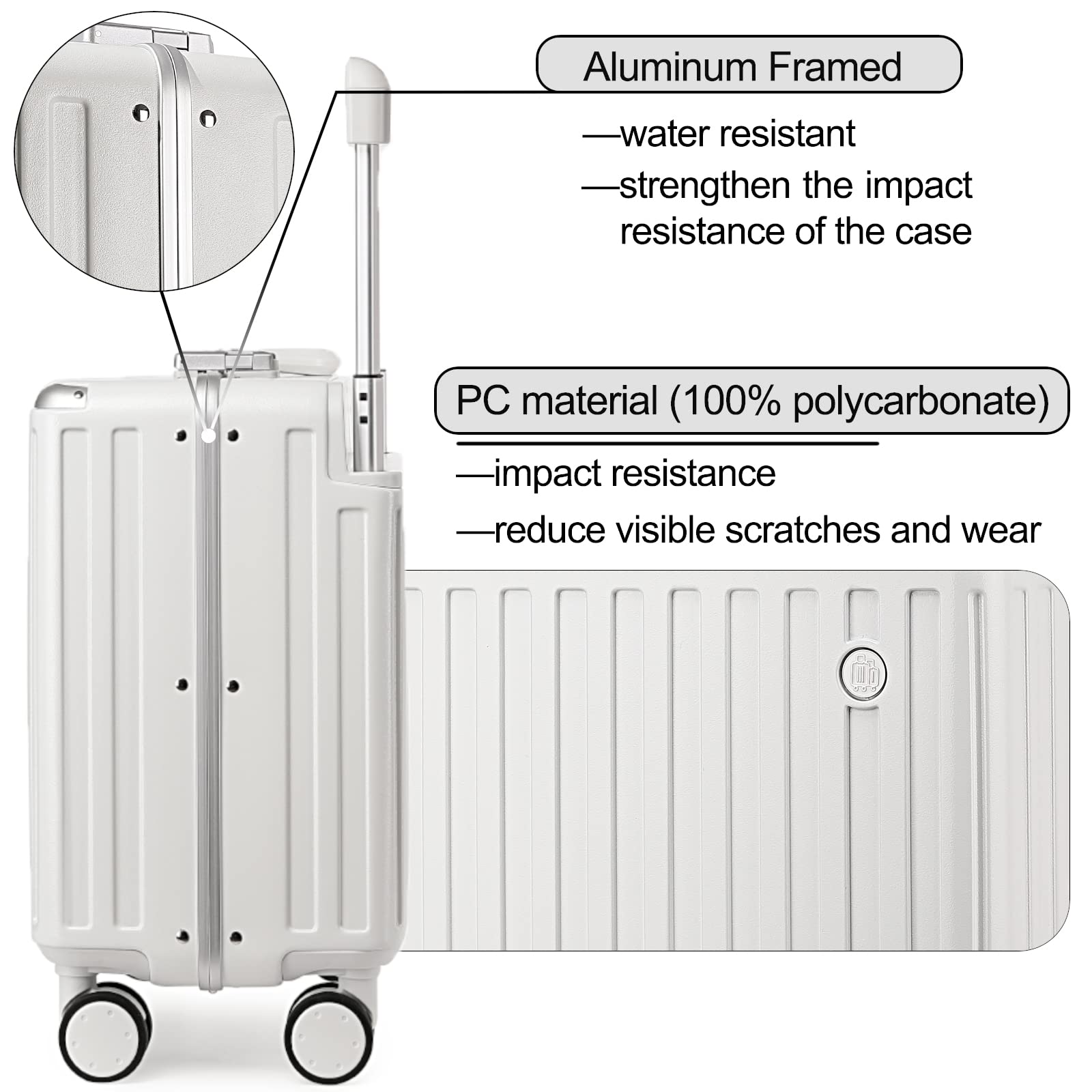 Somago Aluminum Frame 18" Carry On Luggage Wide Handle Suitcase Built-In Double TSA Lock Hardside Lightweight PC Travel Suitcase with Spinner Wheels, White