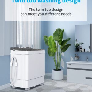 Portable Washing Machine, 26lbs Twin Tub Washer Mini Compact Laundry Machine with Drain Pump, Semi-automatic Twin Tube Washer for Apartment, Dorms, RVs, Camping and More (White & Grey)