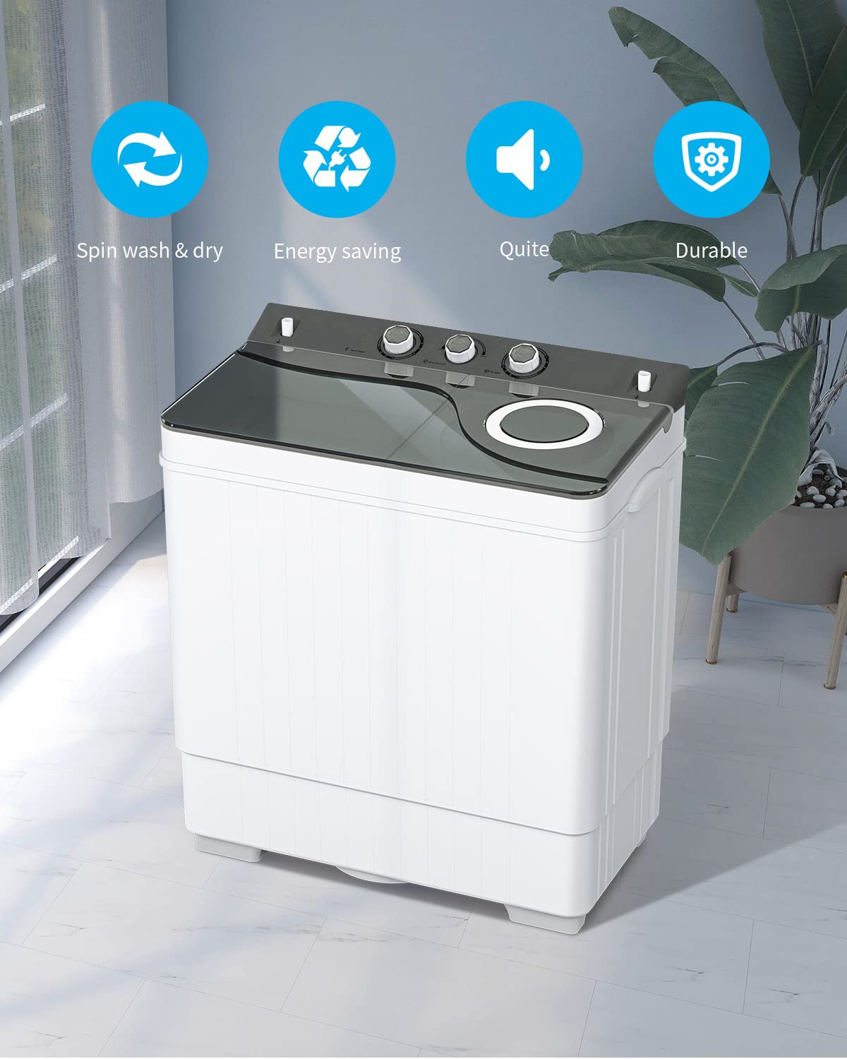 Portable Washing Machine, 26lbs Twin Tub Washer Mini Compact Laundry Machine with Drain Pump, Semi-automatic Twin Tube Washer for Apartment, Dorms, RVs, Camping and More (White & Grey)