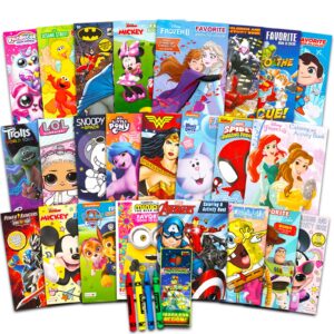 beach kids 24 bulk coloring books for ages 4-8 - assorted licensed activity boys, girls | bundle includes full-size books, crayons, stickers, games, puzzles, more (no duplicates)