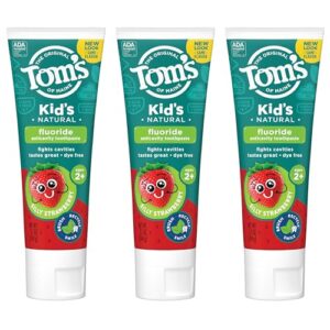 tom's of maine ada approved fluoride children's toothpaste, natural toothpaste, dye free, no artificial preservatives, silly strawberry, 5.1 oz. 3-pack (packaging may vary)