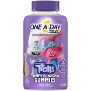 one a day kids trolls multivitamin gummy, kids vitamins with vitamins a, b6, b12, c, d, e, zinc, folic acid and biotin (packaging may vary), trolls, 180 count