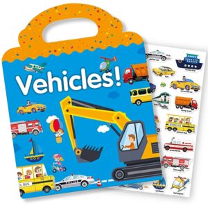 reusable sticker book for kids, vehicles truck stickers educational learning toys travel stickers activity books for toddler girls boys age 3+ birthday gifts