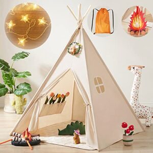 tiny land kids-teepee-tent with lights & campfire toy & carry case, natural cotton canvas toddler tent - washable foldable teepee tent for kids indoor tent, outdoor play tent for girls & boys