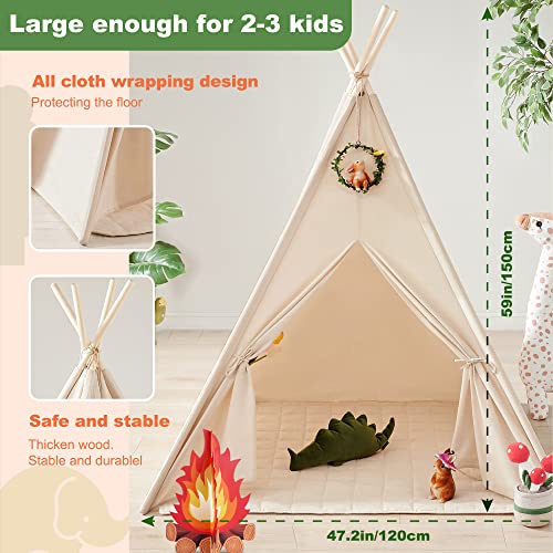 Tiny Land Kids-Teepee-Tent with Lights & Campfire Toy & Carry Case, Natural Cotton Canvas Toddler Tent - Washable Foldable Teepee Tent for Kids Indoor Tent, Outdoor Play Tent for Girls & Boys