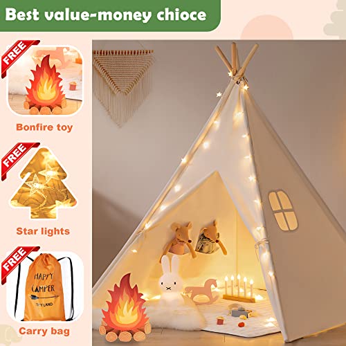 Tiny Land Kids-Teepee-Tent with Lights & Campfire Toy & Carry Case, Natural Cotton Canvas Toddler Tent - Washable Foldable Teepee Tent for Kids Indoor Tent, Outdoor Play Tent for Girls & Boys