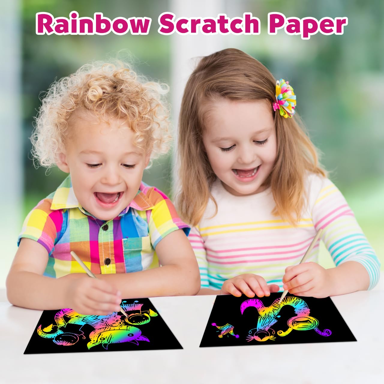 ZMLM Scratch Paper Art Set, 60 Pcs Rainbow Magic Scratch Paper for Kids Black Scratch Off Art Crafts Kits Notes with 5 Wooden Stylus for Girls Boys Toy Halloween Party Game Christmas Birthday Gift