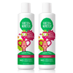 fresh monster 2-in-1 kids shampoo & conditioner, toxin-free, hypoallergenic, tear-free shampoo & conditioner for kids, watermelon (2 pack, 8.5oz/each)