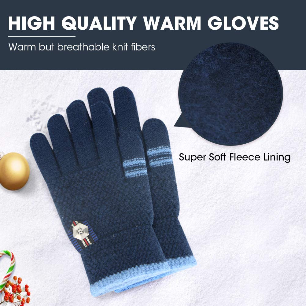 ORVINNER Kids Winter Gloves for Boys Girls, 3 Pairs Children Warm Wool Lined Gloves Toddler Thermal Knitted Mittens 4-12 Years, Black/Grey/Navy (Star Style)