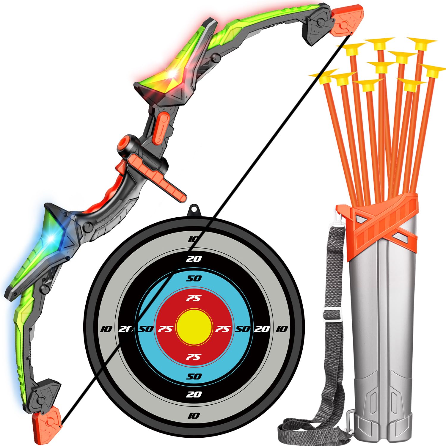 Bigdream Kids Bow and Arrow Toy Set, LED Light Up Archery Toys with 10 Suction Cups Arrows, Outdoor Indoor Shooting Games Toys for 6 7 8 9 10 11 12 Year Old Boys Grils Birthday Gifts