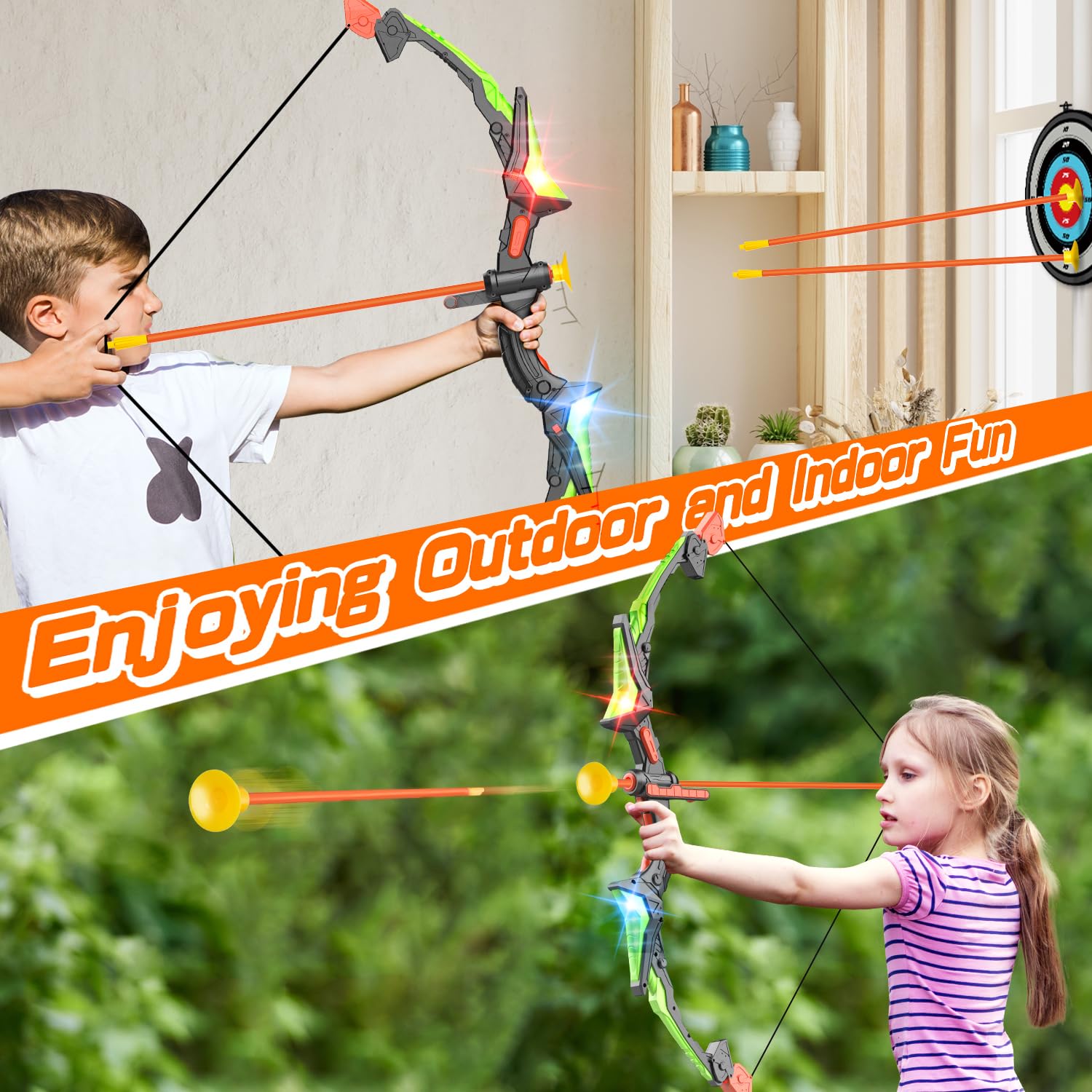 Bigdream Kids Bow and Arrow Toy Set, LED Light Up Archery Toys with 10 Suction Cups Arrows, Outdoor Indoor Shooting Games Toys for 6 7 8 9 10 11 12 Year Old Boys Grils Birthday Gifts