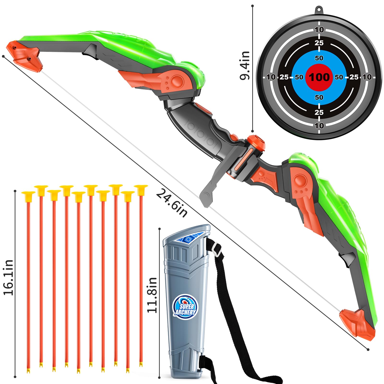 TEMI Kids Bow and Arrow Set - LED Light Up Archery Toy Set with 10 Suction Cup Arrows, Target & Quiver, Indoor and Outdoor Toys for Children Boys Girls