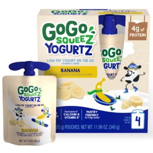 gogo squeez yogurtz banana, 3 oz (pack of 4), kids snacks made from real yogurt and fruit, pantry friendly, no fridge needed, gluten free and nut free, recloseable cap, bpa free pouches