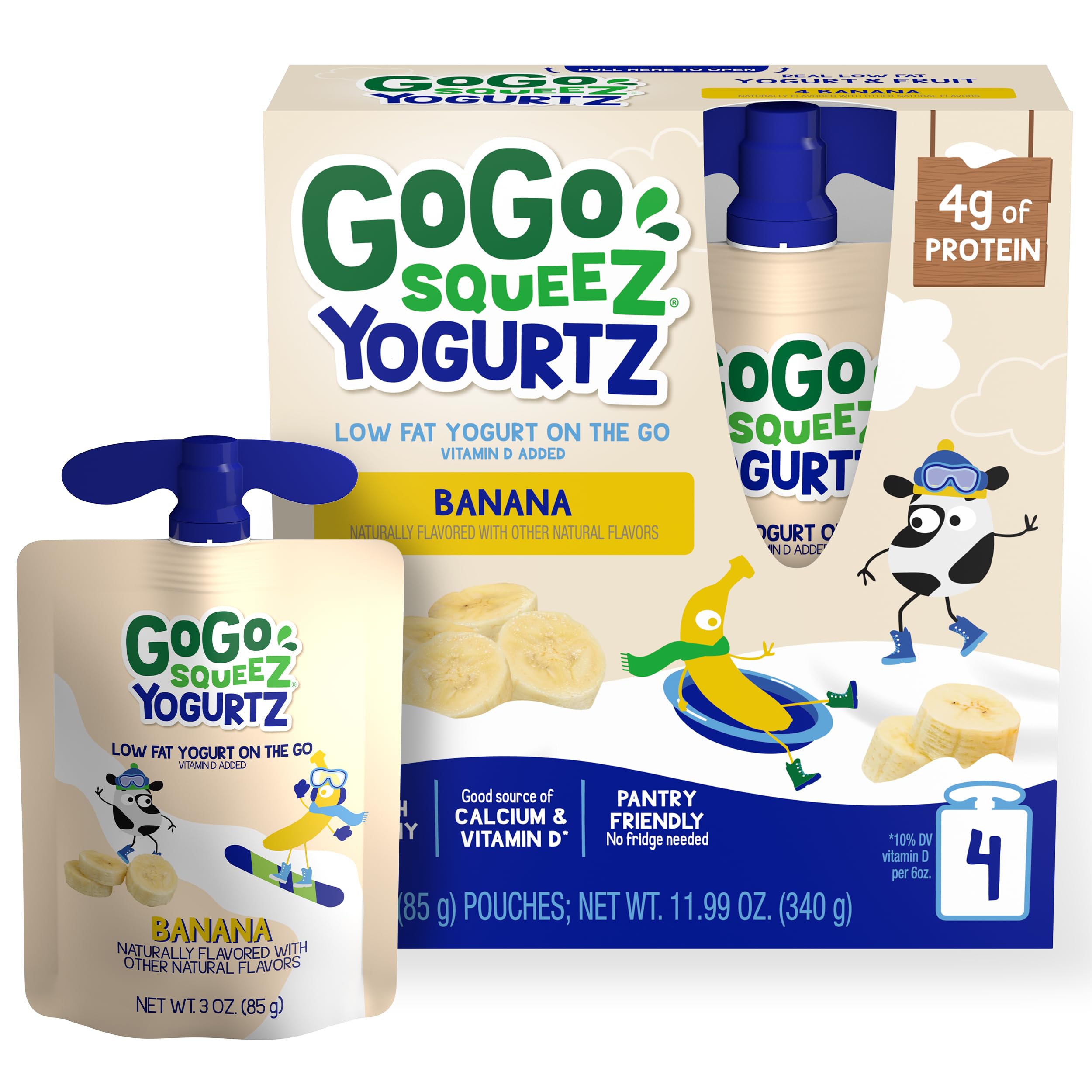 GoGo squeeZ yogurtZ Banana, 3 oz (Pack of 4), Kids Snacks Made from Real Yogurt and Fruit, Pantry Friendly, No Fridge Needed, Gluten Free and Nut Free, Recloseable Cap, BPA Free Pouches