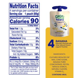 GoGo squeeZ yogurtZ Banana, 3 oz (Pack of 4), Kids Snacks Made from Real Yogurt and Fruit, Pantry Friendly, No Fridge Needed, Gluten Free and Nut Free, Recloseable Cap, BPA Free Pouches